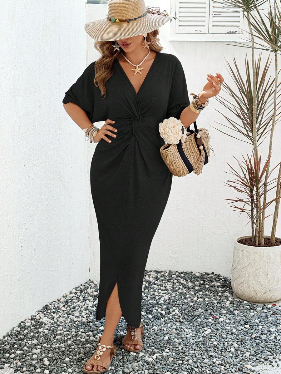 Black Twist Waist Mid-Sleeve Knit Wrap Dress With Side Slit For Women ...