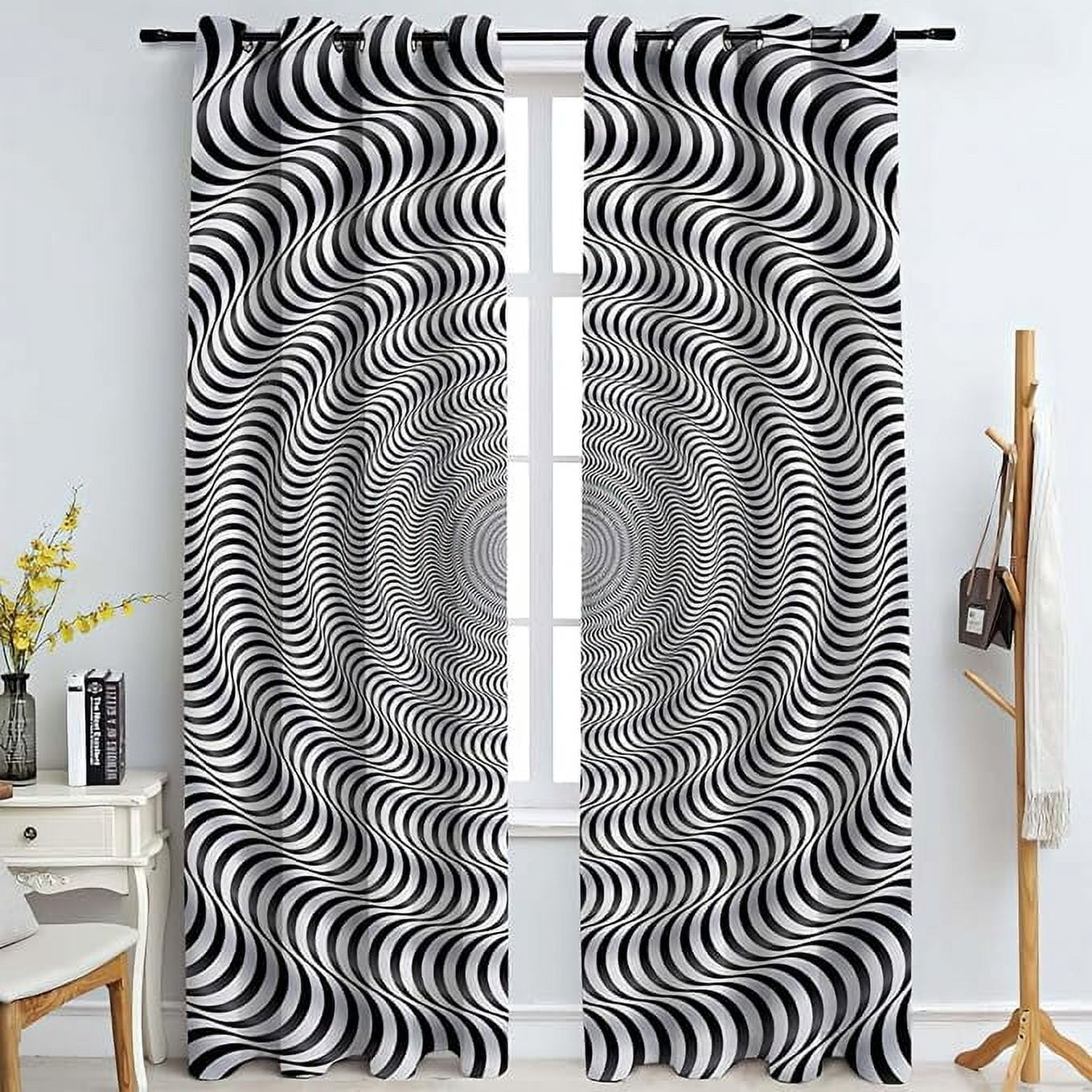 Black Twisted Lines Blackout Curtains, Bohemian Swirl Stripes 3D ...