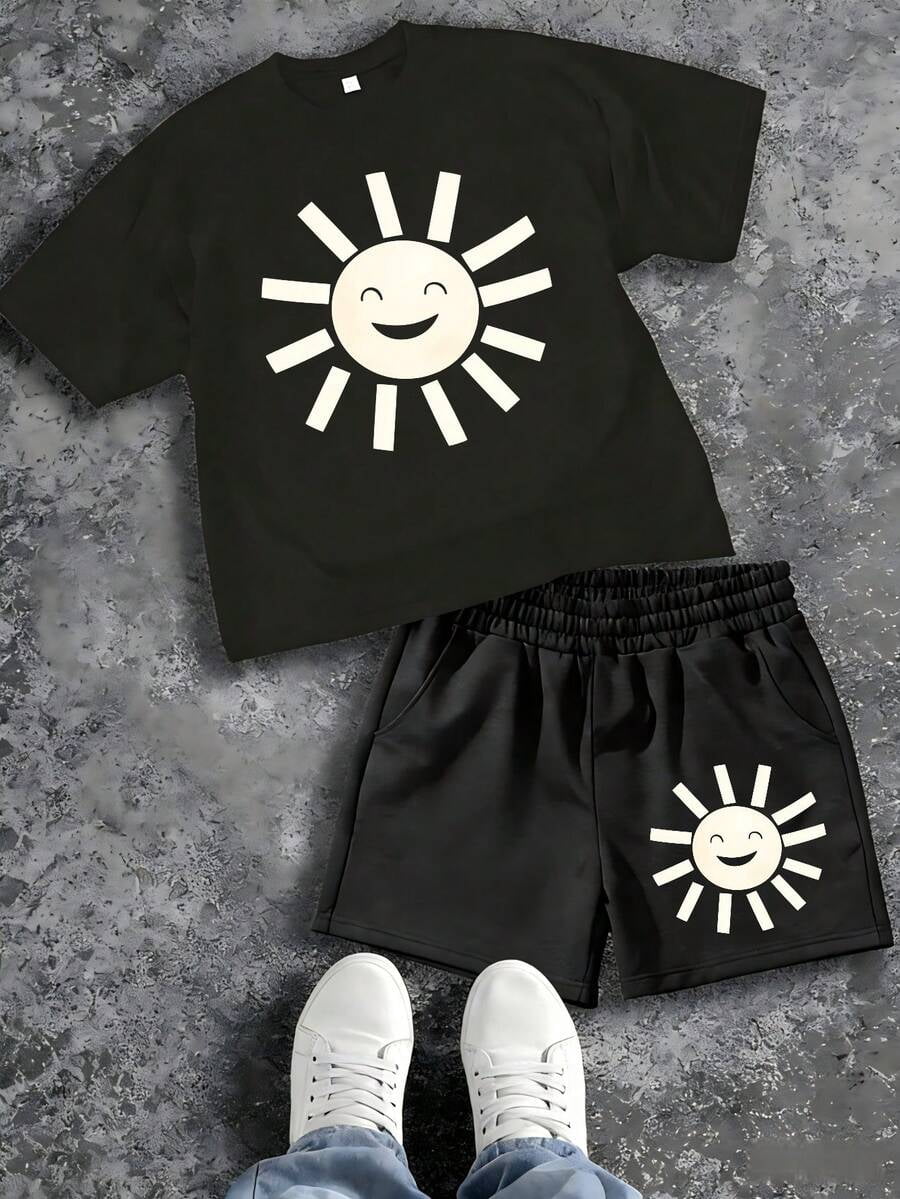 Black Two-Piece Set With Smiling Sun Graphic Tee And Shorts, Casual ...