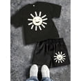 Black Two-Piece Set With Smiling Sun Graphic Tee And Shorts, Casual ...