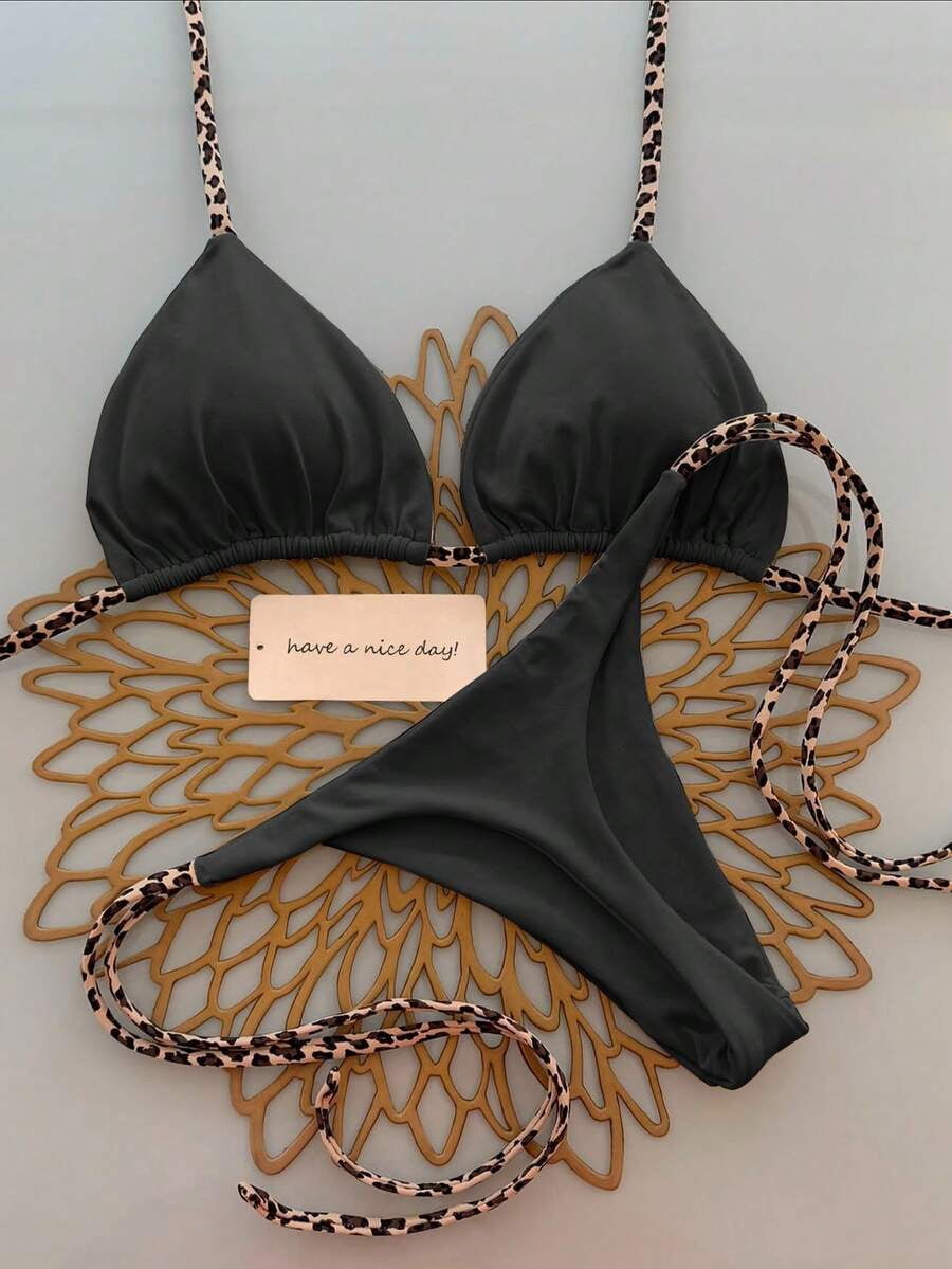 Black Two-Piece Triangle Bikini Set With Leopard Print Tie Straps For ...