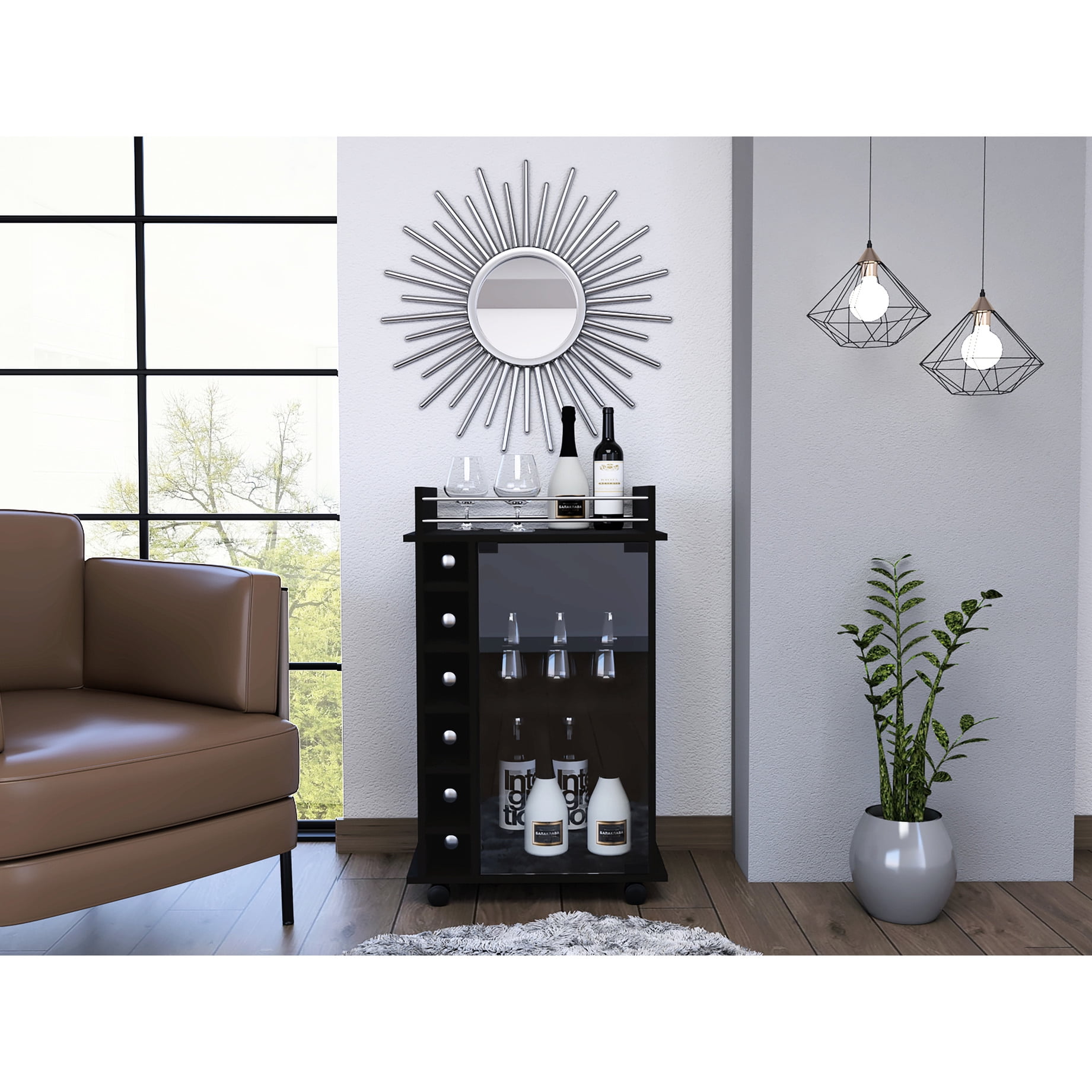 Black Two - Tier Glass - Door Liquor Cart - Lockable Wheels for ...