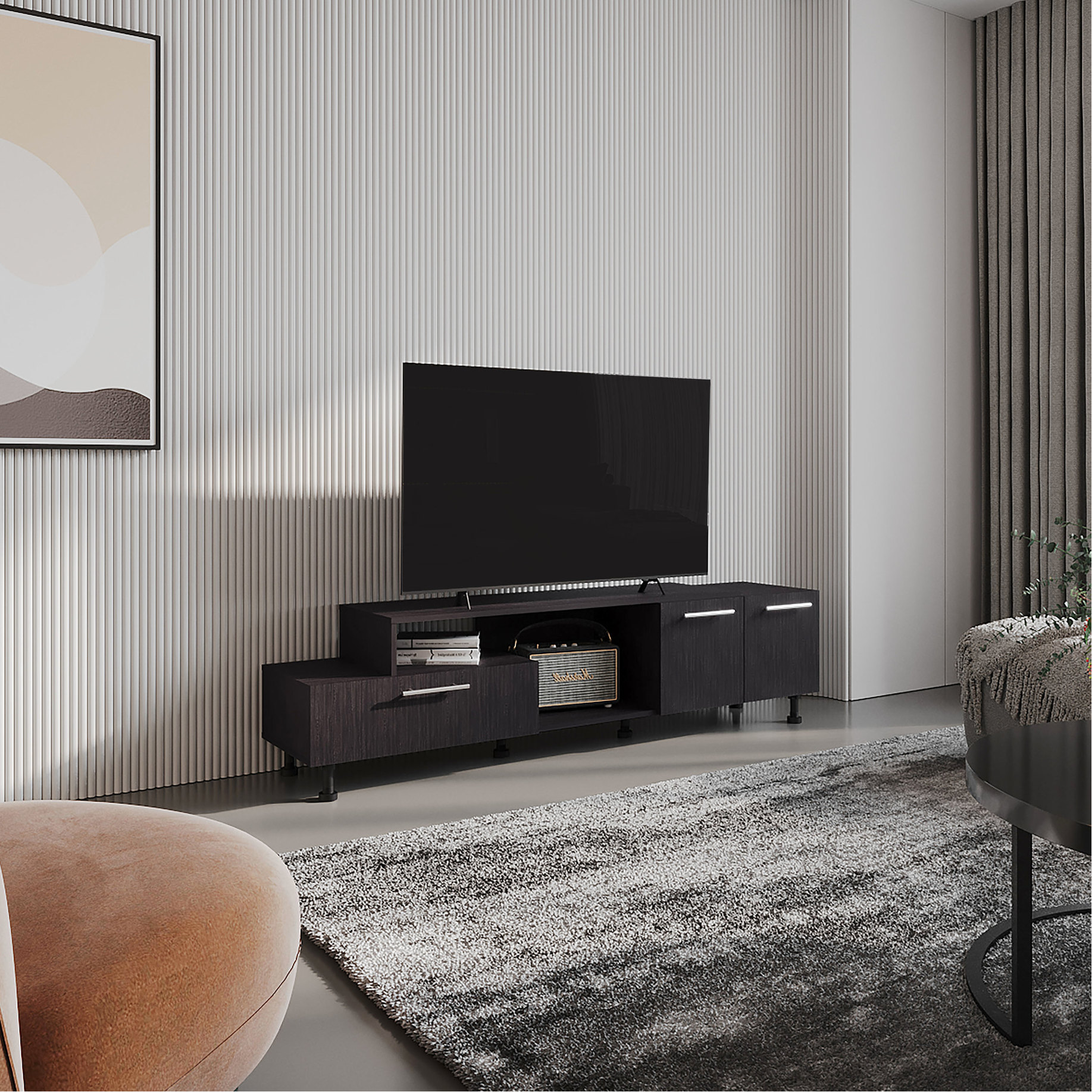 Black Two-Tier TV Stand with Pull-Down Door | Saves Space in Living ...