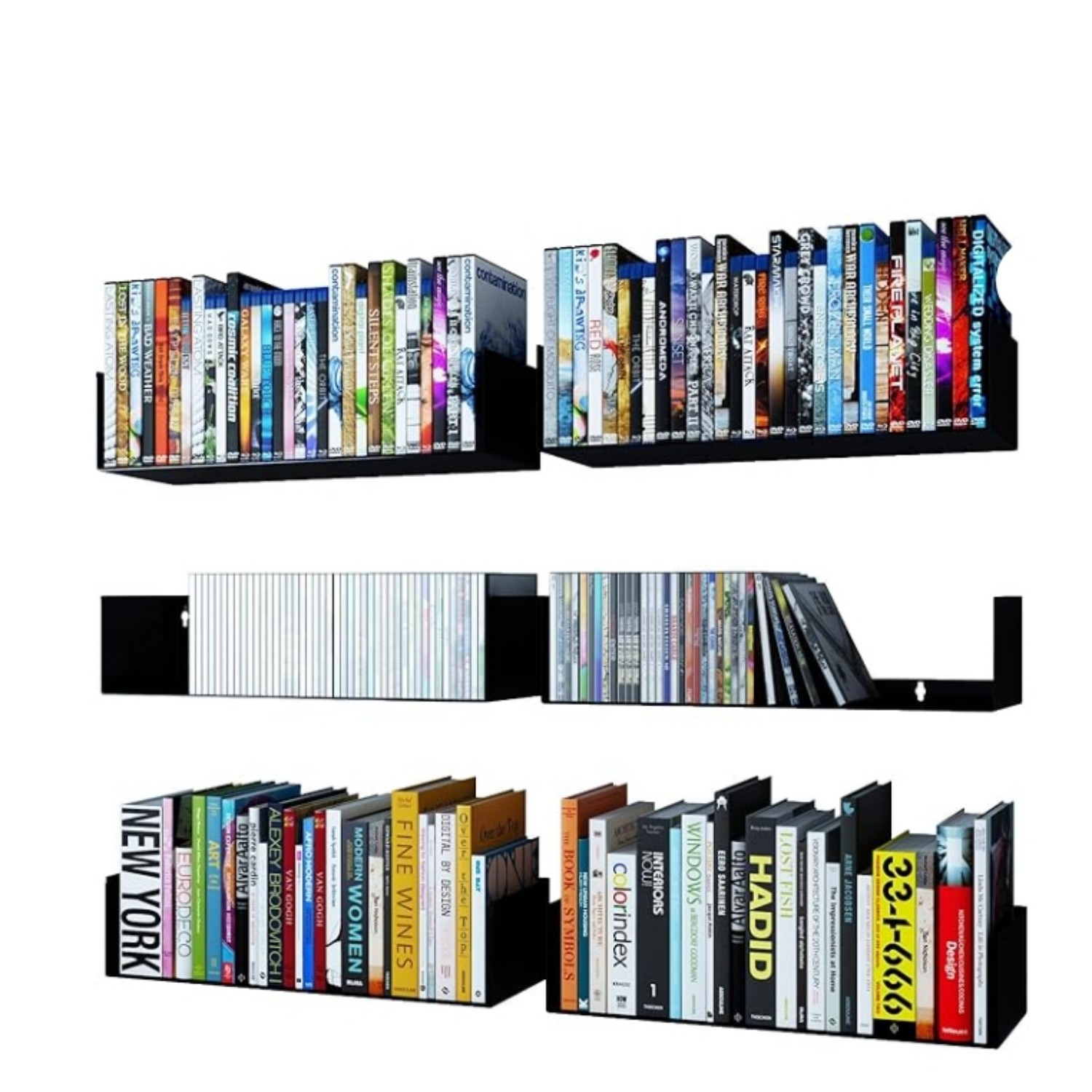 Black U Shape Floating Shelves for Wall, CD DVD Storage Shelves and ...