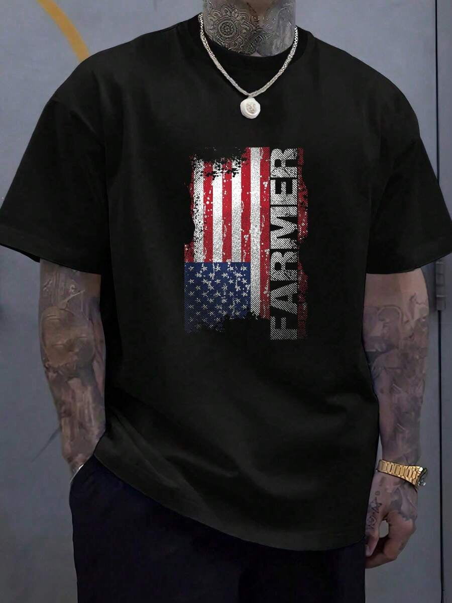 Black USA Flag Farmer Graphic T-Shirt - Casual Round Neck Short Sleeve ...