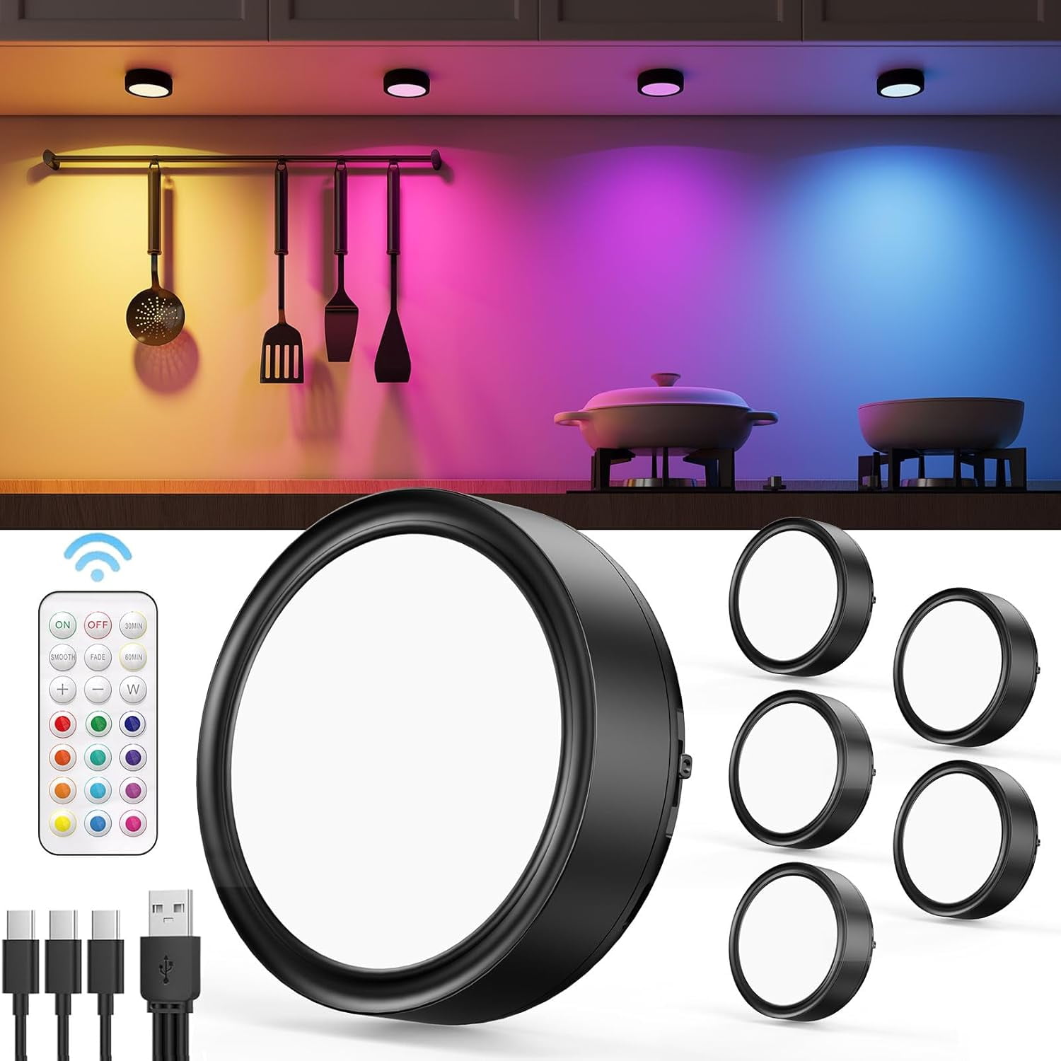 Black USB Rechargeable Color Changing Puck Lights, Battery Operated Tap Lights with Remote for ...