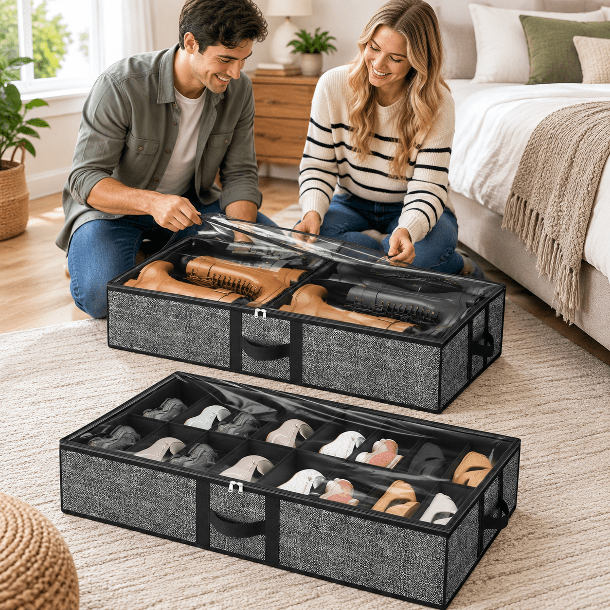 Black Under Bed Shoe Storage Organizer, Holds 16 Pairs Shoes + 4 Pairs ...