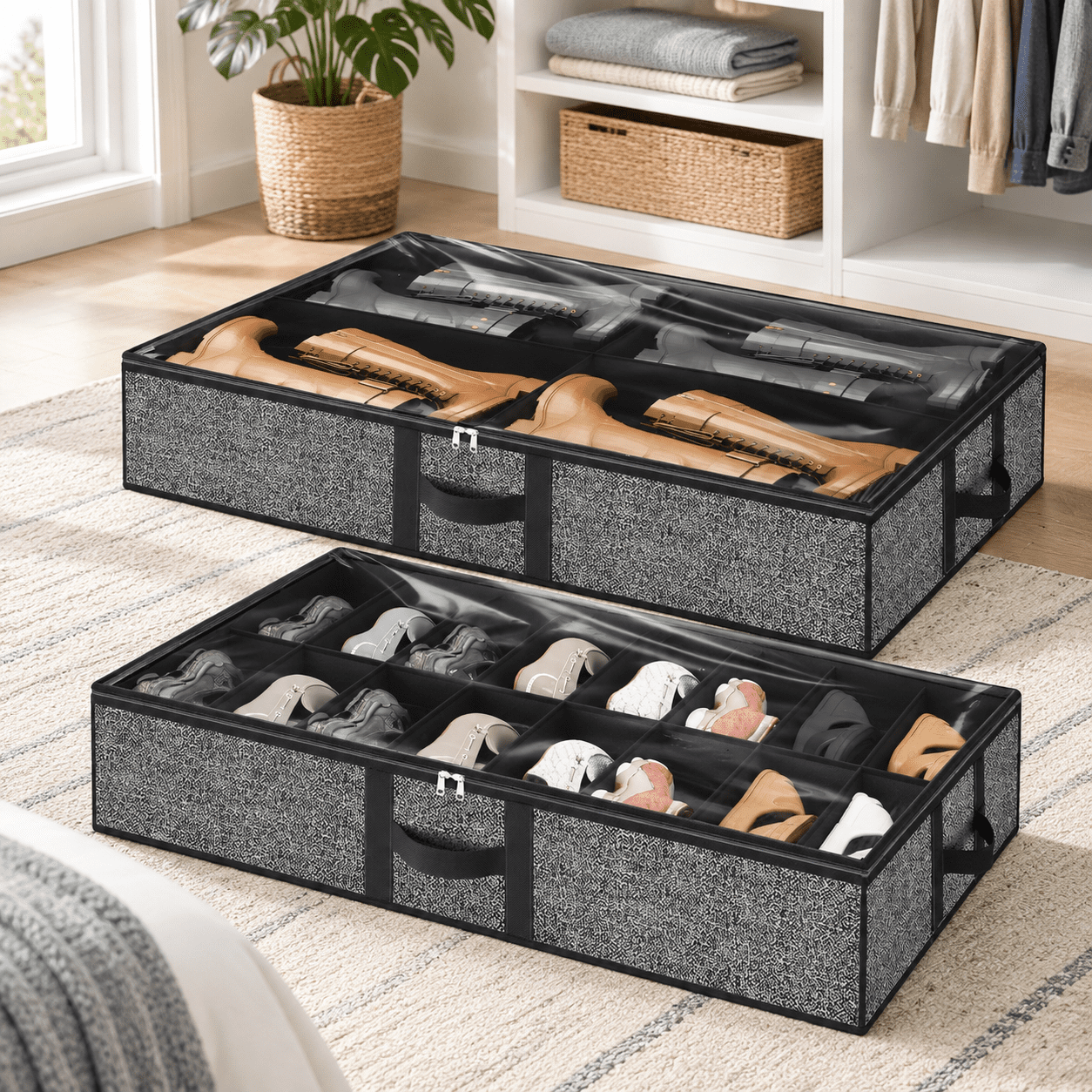 Black Under Bed Shoe Storage Organizer, Holds 16 Pairs Shoes + 4 Pairs ...