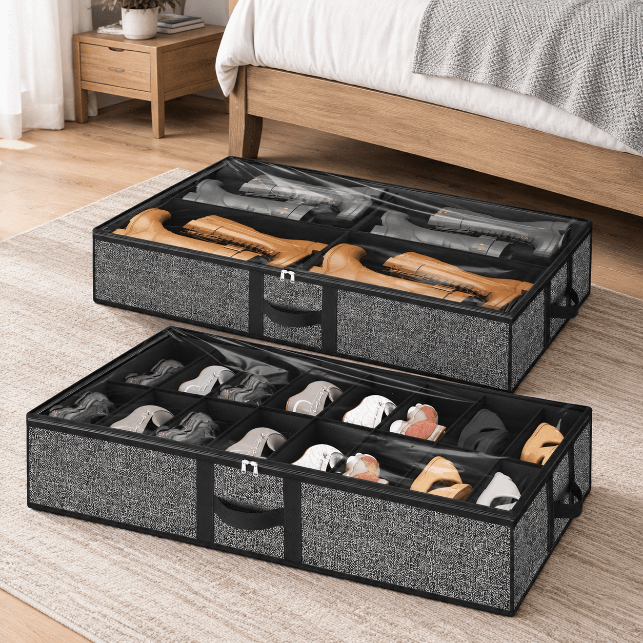 Black Under Bed Shoe Storage Organizer, Holds 16 Pairs Shoes + 4 Pairs ...