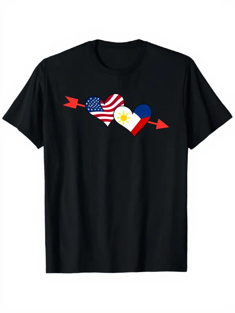 Black Unisex American & Filipino Flag Heart Print T-Shirt - Dual ...