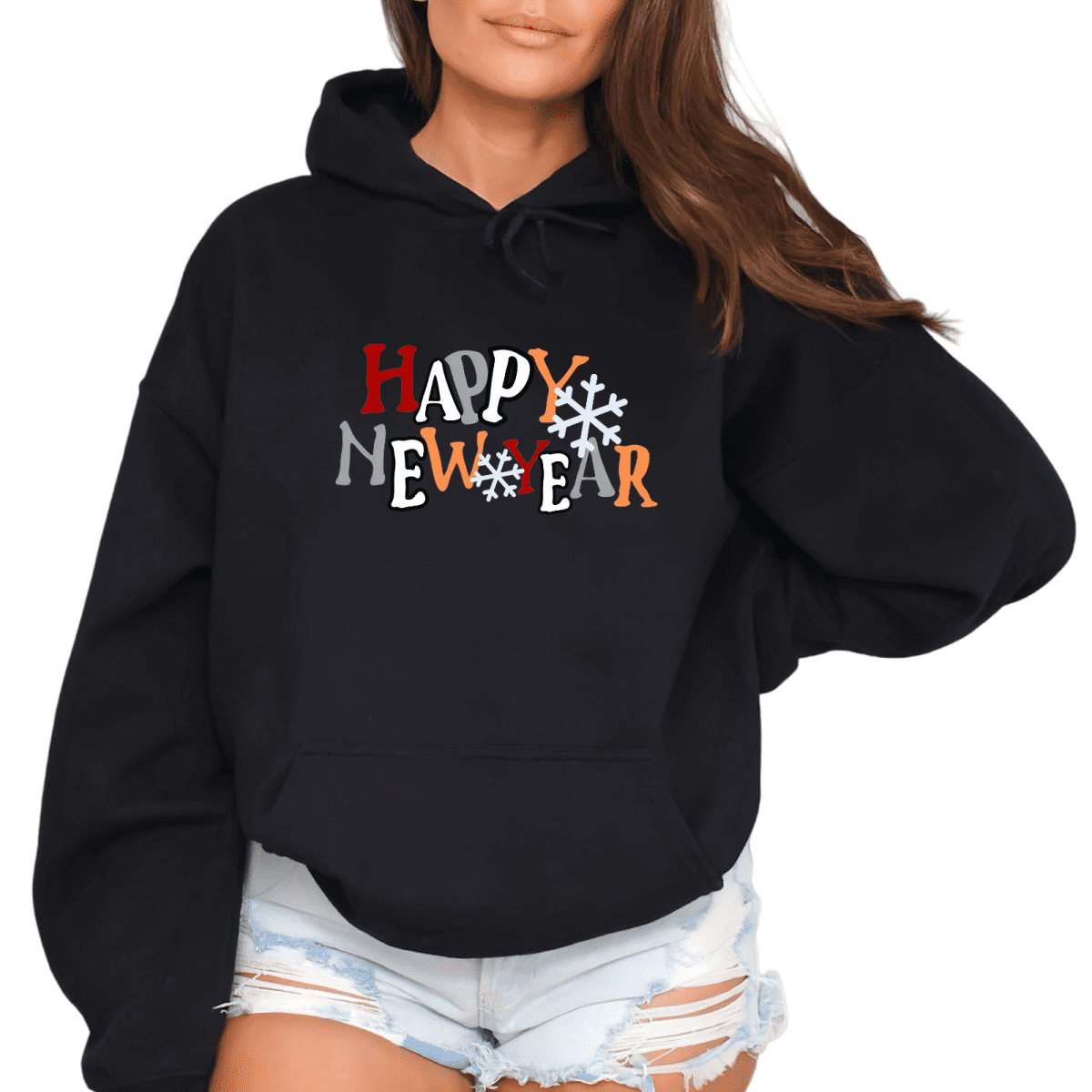 Black Unisex Black Color Block Happy Print Hoodie Graphic Sweatshirt ...
