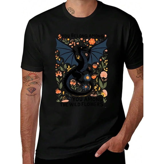 Black Unisex Comfort Fit T-Shirt With Black Dragon And Wildflowers ...