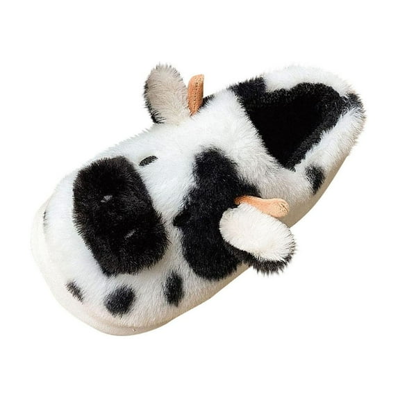 Black Unisex Couple Fashionable Spotted Cow Hair Fleece Lined Slippers ...