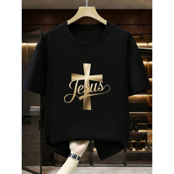Black Unisex Crew Neck Graphic Tee With Golden Jesus Script Cross ...