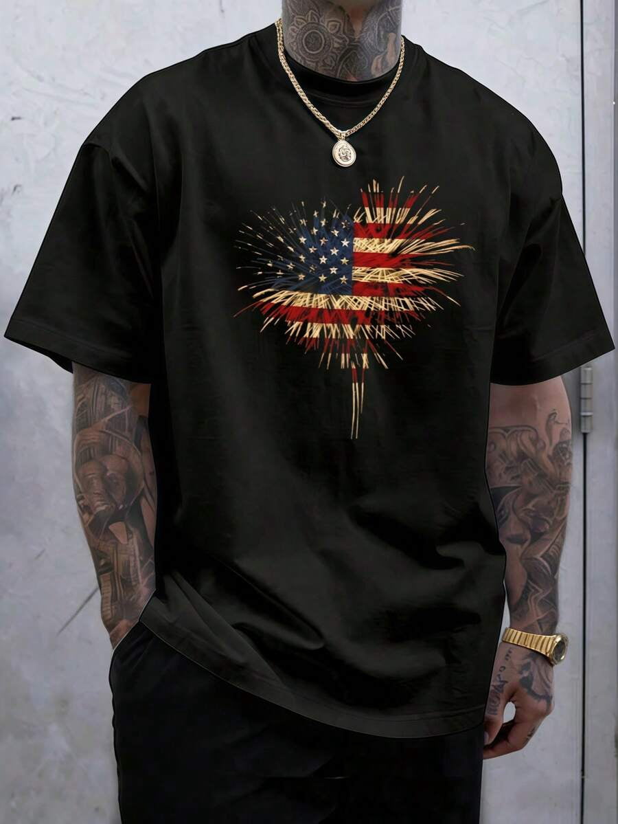 Black Unisex Crew Neck Short Sleeve Graphic Tee With Firework American ...