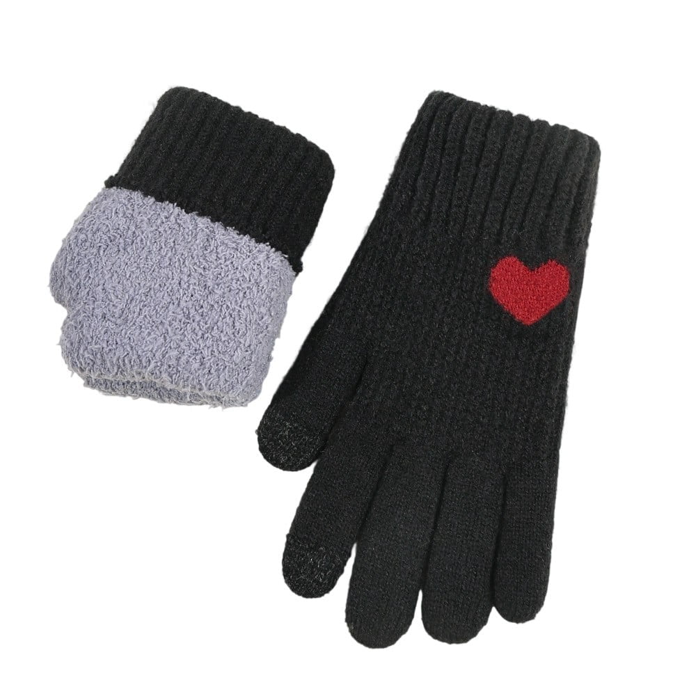 Black Unisex Winter Gloves With Jacquard Knit Love Heart Design ...
