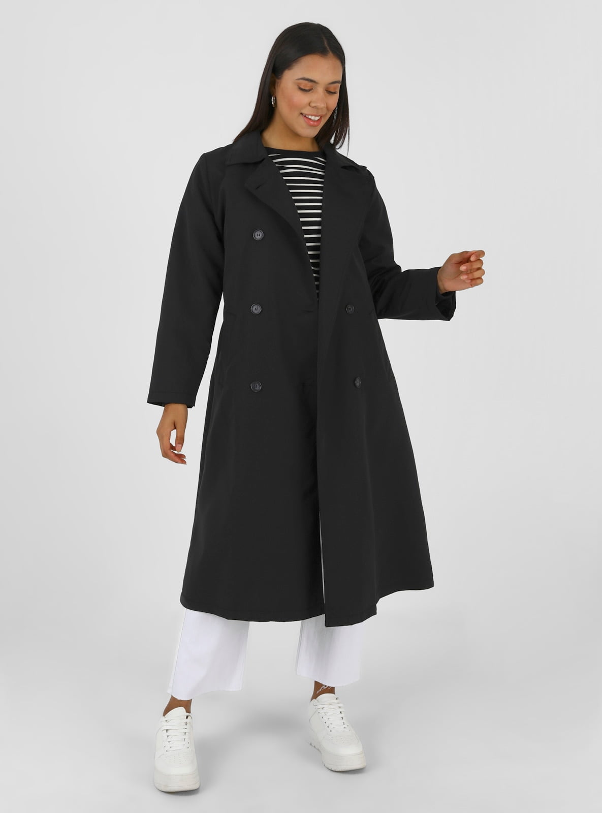 Black - Unlined - V neck Collar - Plus Size Trench coat - Alia ...