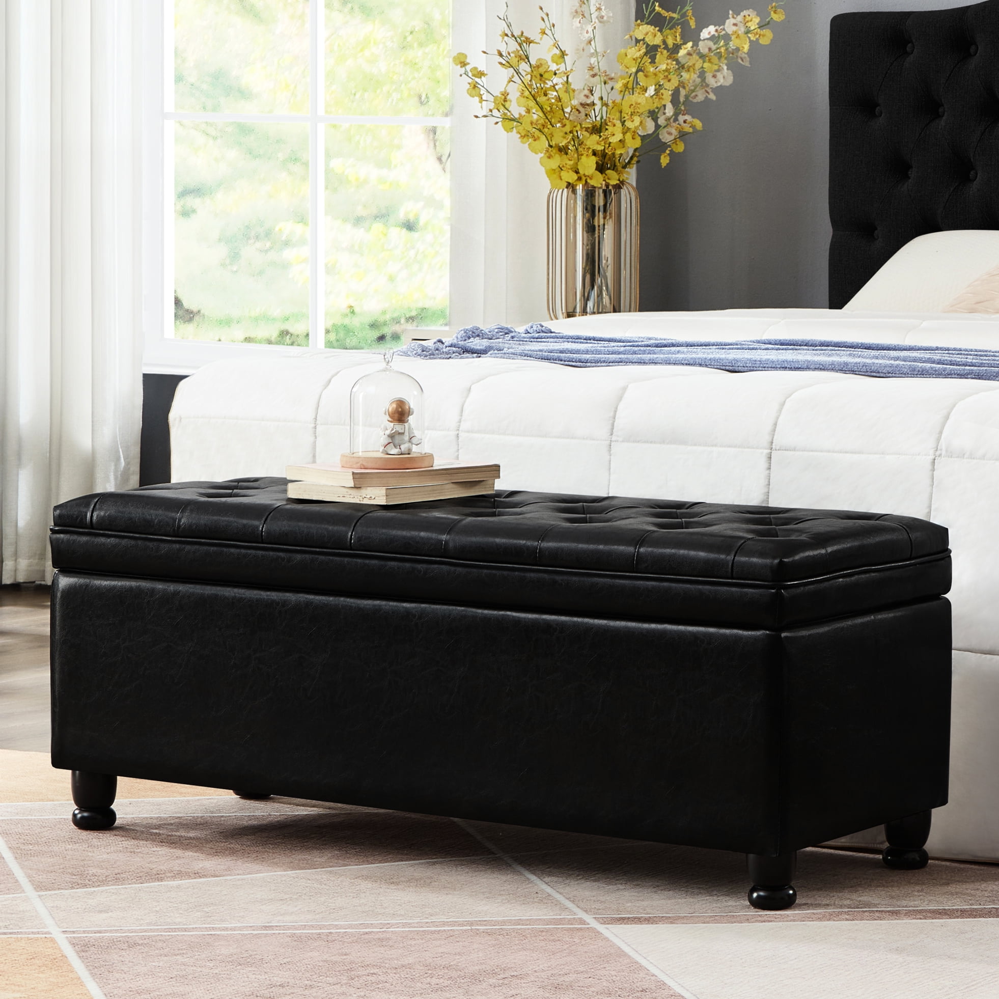 Black Upholstered Bench With Buttons. Solid Wood Frame. Holds Magazines ...