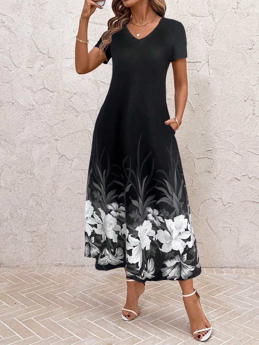 Black V-Neck Floral Print Maxi Dress With Pocket, Casual A-Line Flowy ...