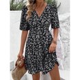 Black V-Neck Floral Print Short Dress With Puffed Sleeves And A-Line ...