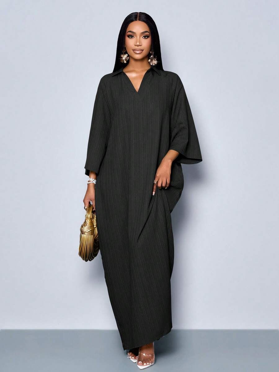 Black V-Neck Loose Batwing Sleeve Shirt Maxi Dress For Women Holiday ...