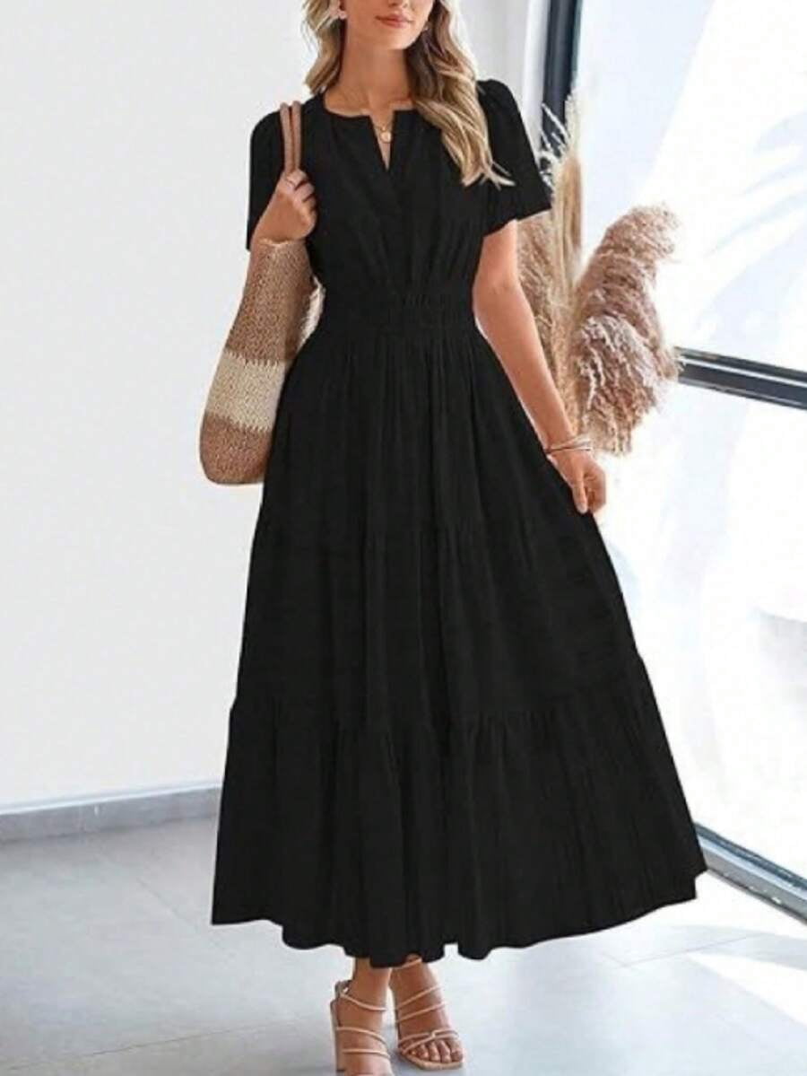 Black V-Neck Pleated Tiered Midi Dress With Puff Sleeves - Walmart.com