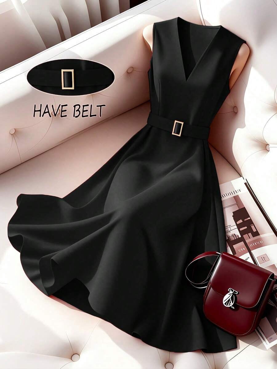 Black V-Neck Sleeveless A-Line Belted Dress For Women - Walmart.com