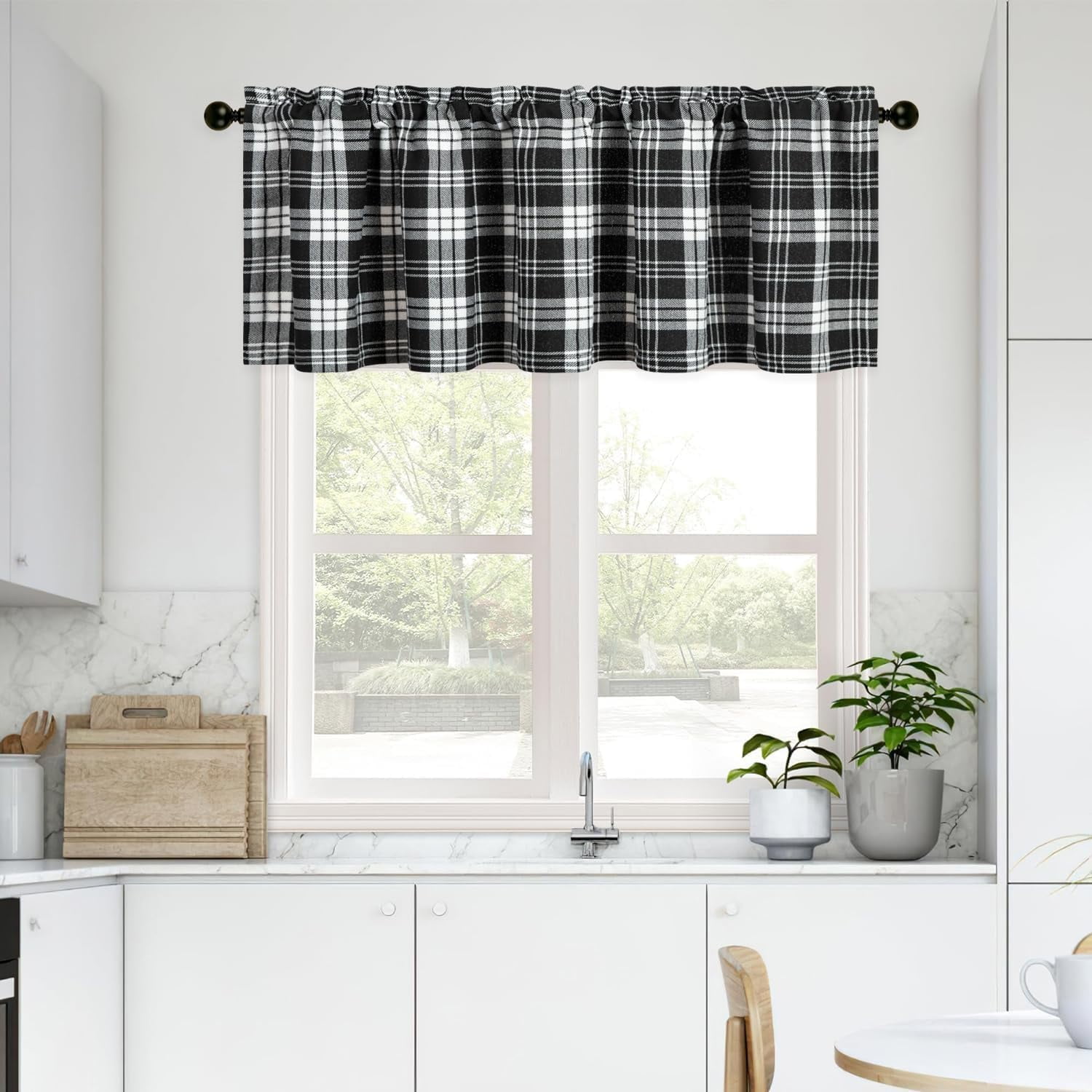 Black Valances for Kitchen Windows, Buffalo Check Jacquard Linen ...