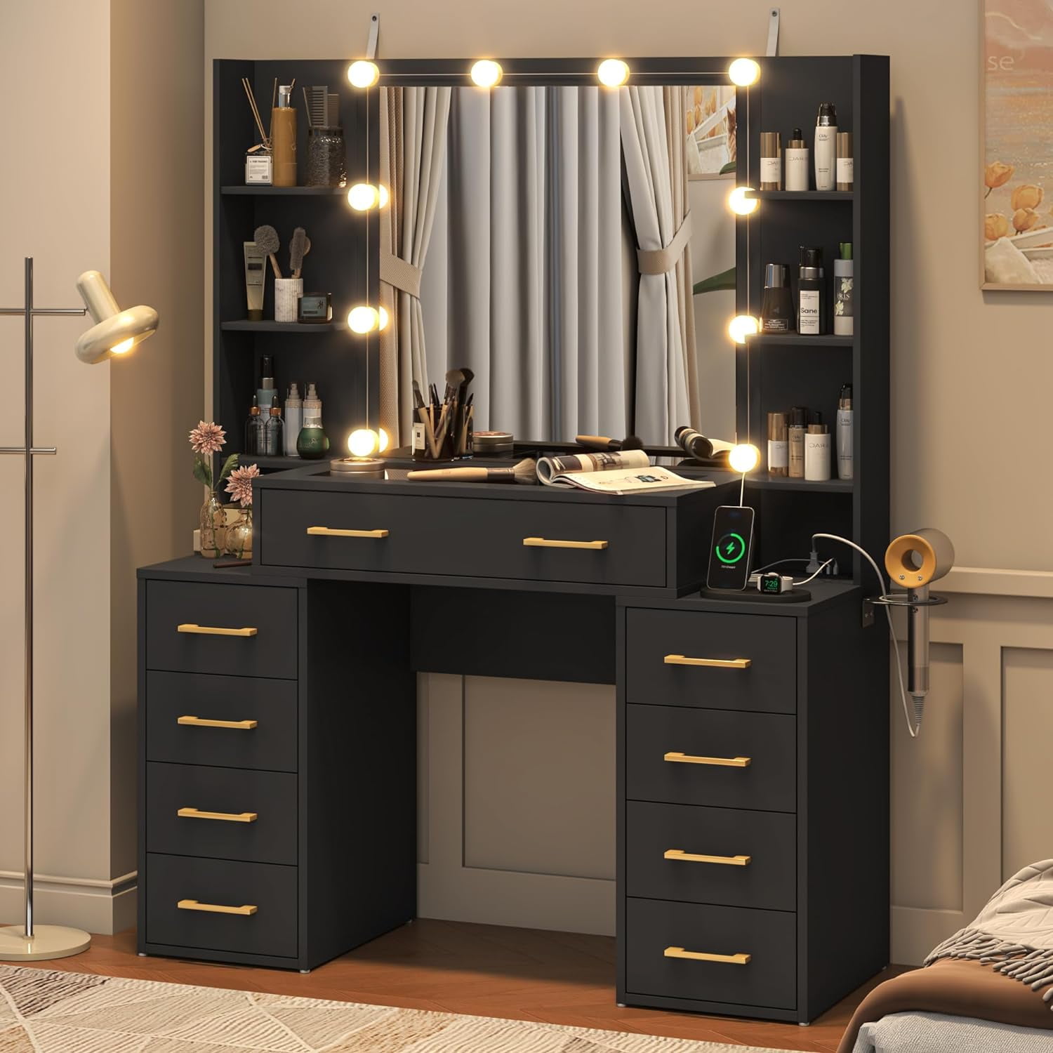 "43"" Black Vanity Desk with Mirror, LED Lights & Charging Station ...