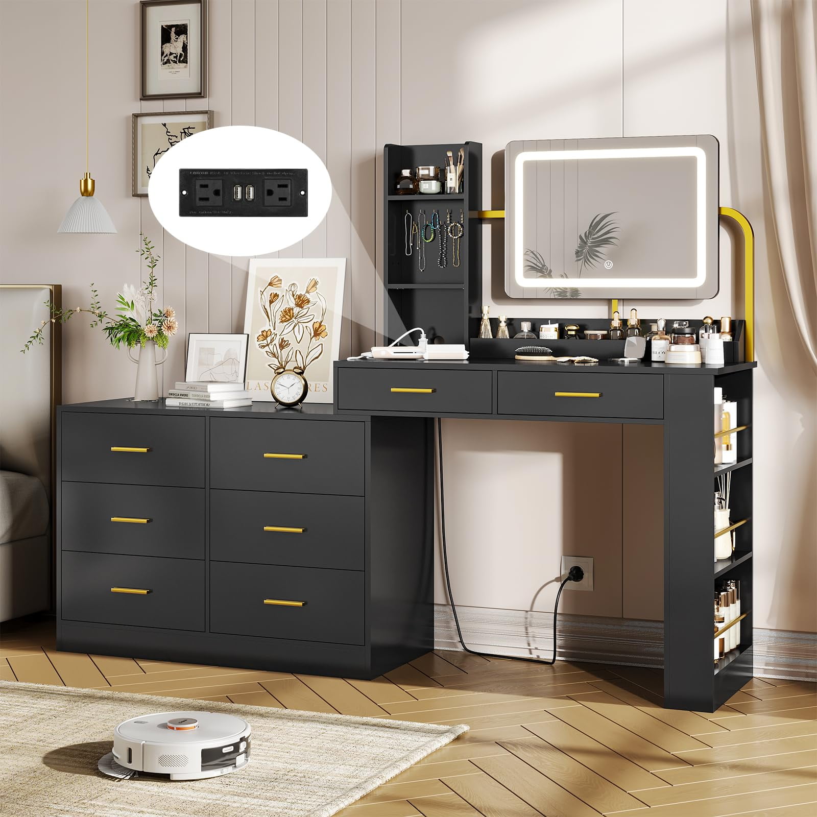 Black Vanity Desk with Mirror and Lights and Charging Station, Makeup ...