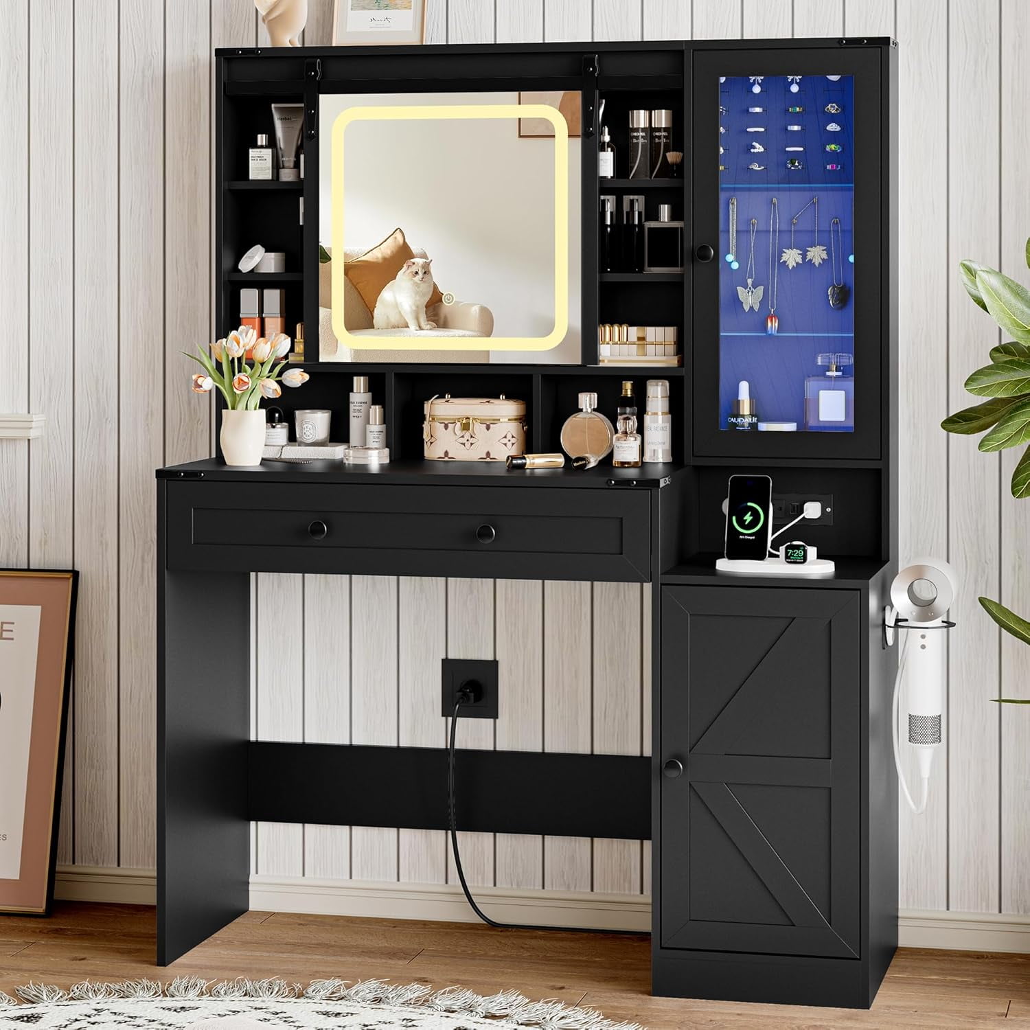 Black Vanity Desk with Mirror and Lights, Farmhouse Makeup Vanity Desk ...