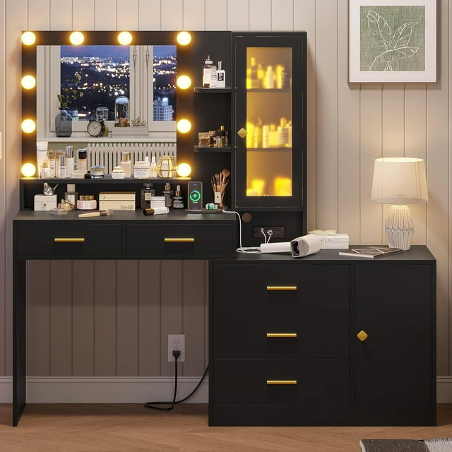 Modern Black Vanity Desk with Mirror, Lights, Drawers, Shelves, LED ...