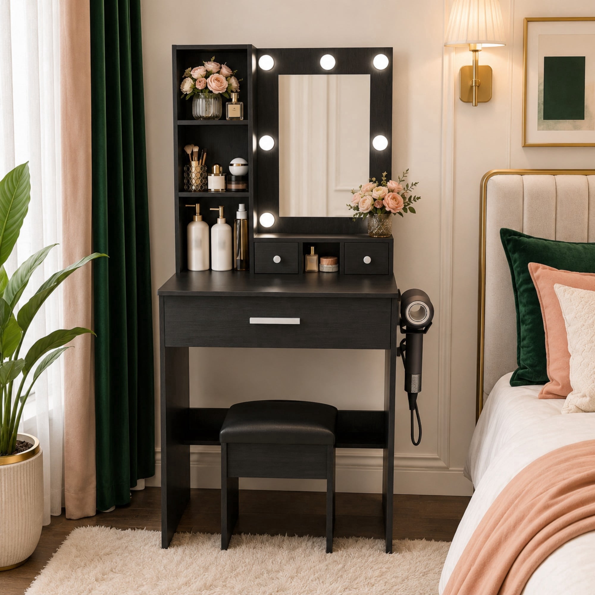 Black Vanity Desk Set With LED Mirror, Stool and Power Outlet for ...