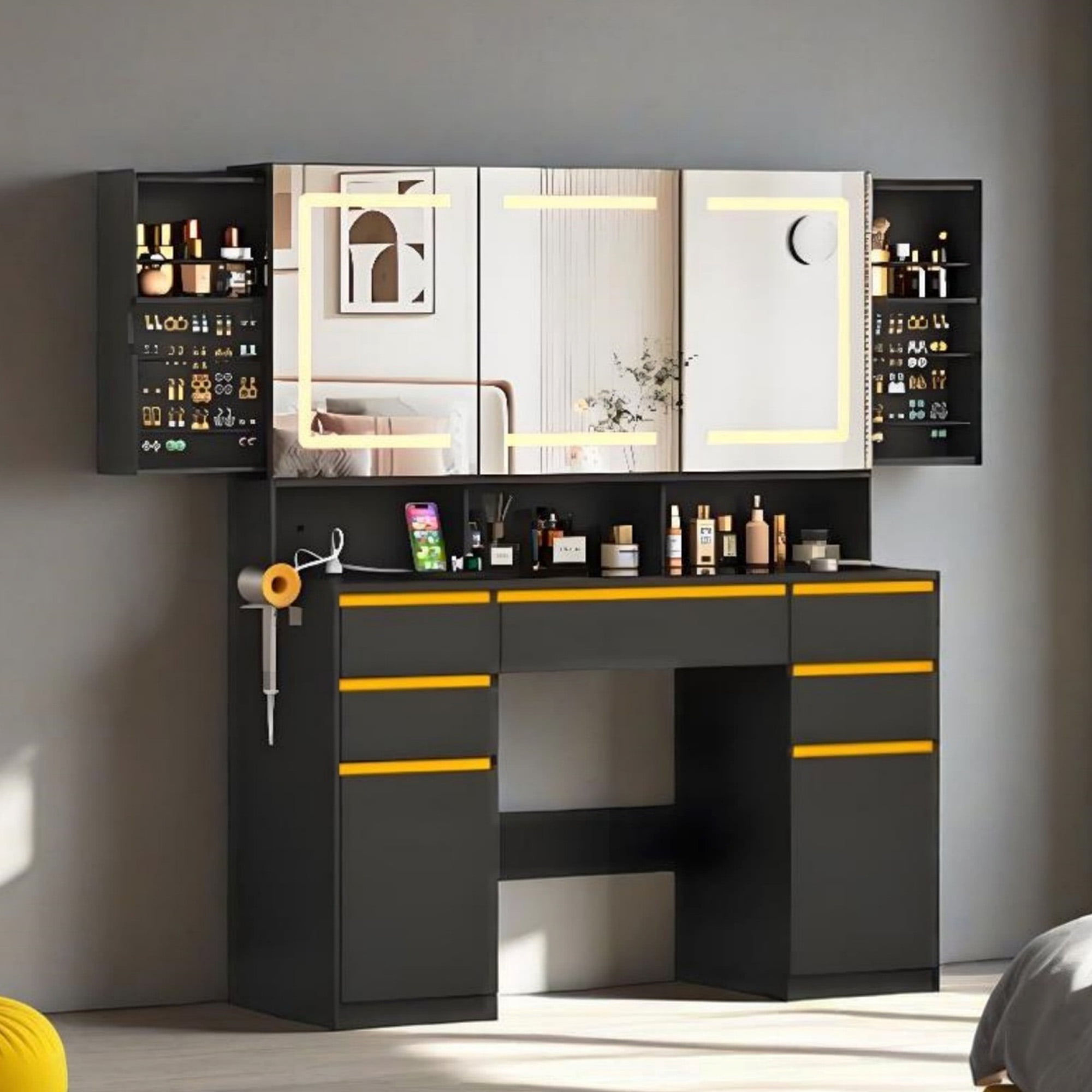 Black Vanity Desk with 47" Large Lighted Mirror & Sliding Jewelry ...