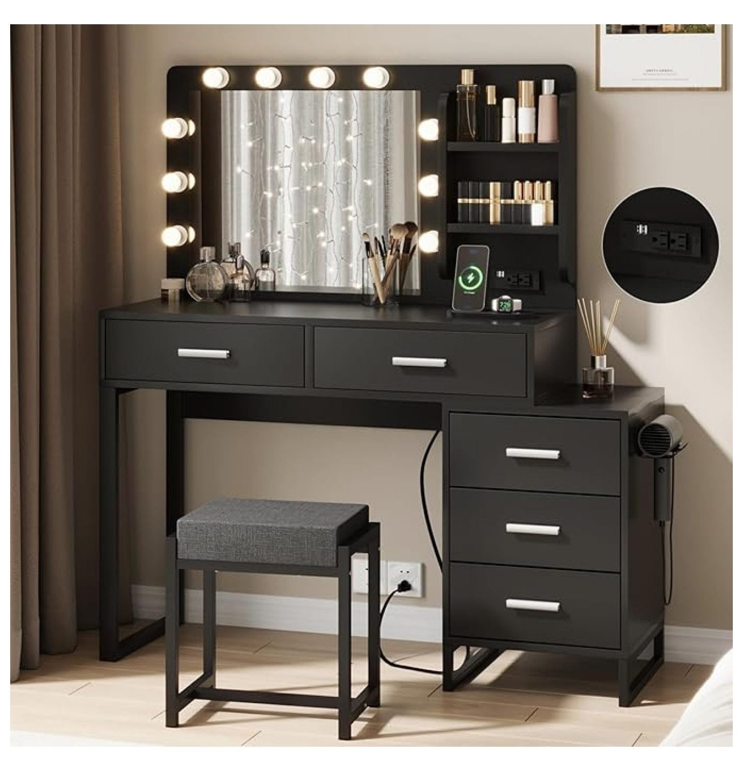 Black Vanity Desk with LED Mirror - Makeup Table with 5 Drawers ...
