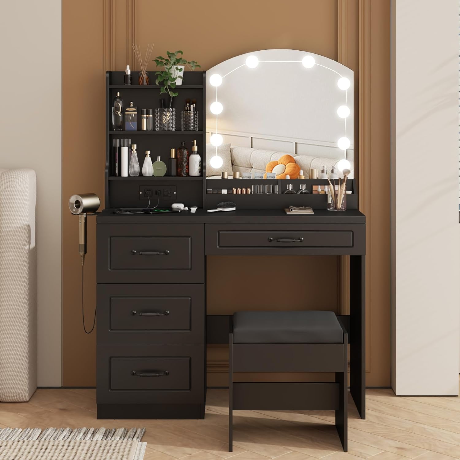 Black Vanity Desk with Mirror Light and Charging Station, Makeup Vanity ...