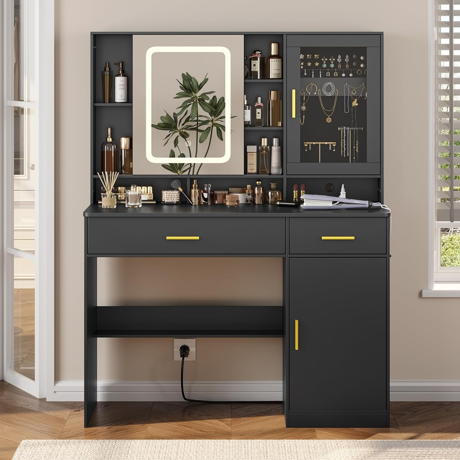 Black Vanity Desk with Sliding Mirror and Lights, Makeup Vanity Desk ...