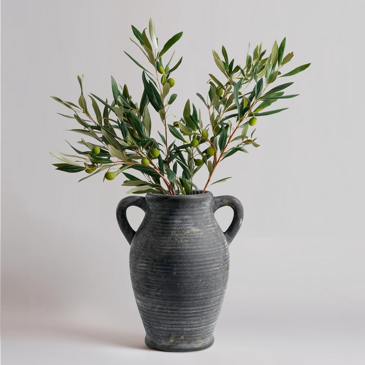 Black Vases Home Decor, Rustic Farmhouse Ceramic Vase with 2 Handles ...
