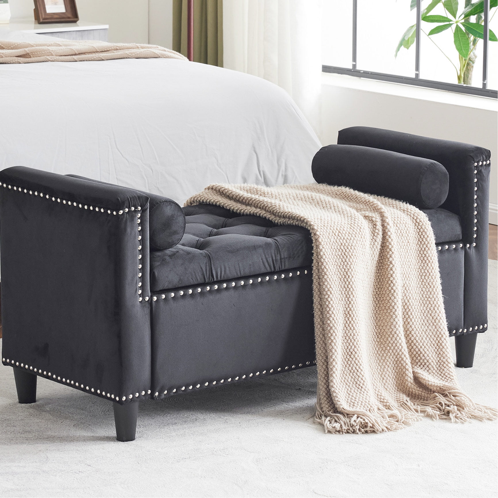 Black Velvet Bedside Bench with Internal Storage - Easy to Assemble in ...