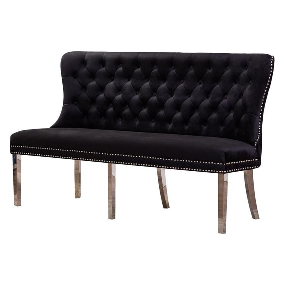 Black Velvet Bench with Tufted Seat and Silver Stainless Steel Legs ...