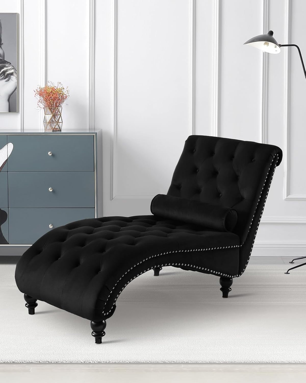 Black Velvet Chaise Lounge Indoor with Toss Pillow, Modern Pink Chaise ...