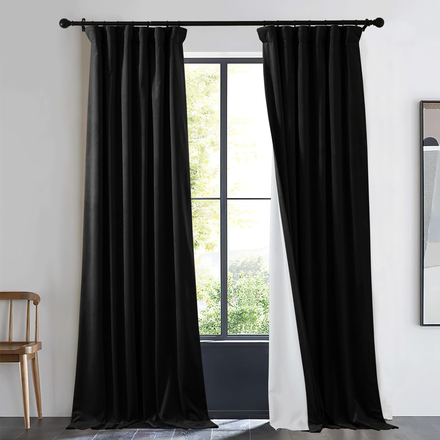 Black Velvet Curtain Room Darkening Drape for Living Room, Pinch ...