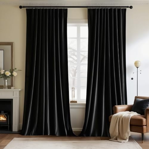 Black Velvet Curtains 90 inches Long 2 Panels - Luxury Pinch Pleated ...
