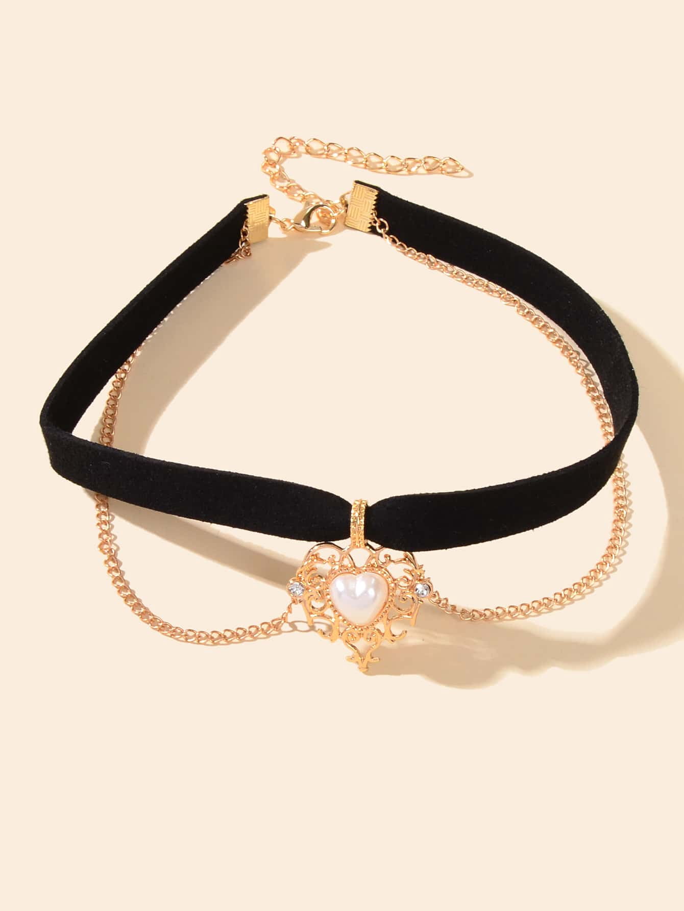 Black Velvet Heart Pendant Layered Choker Necklace With Goldtone Chain ...