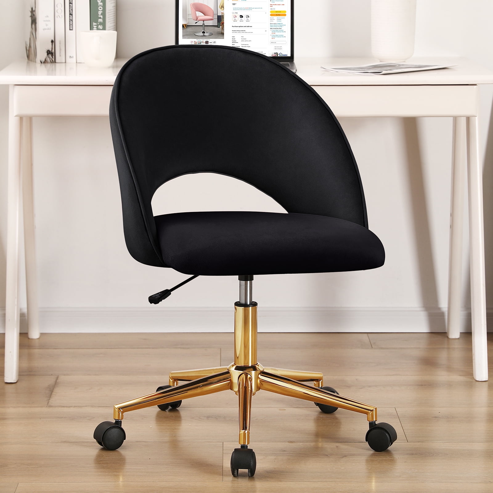 Contemporary Black Velvet Swivel Office Chair with Wheels, Adjustable ...
