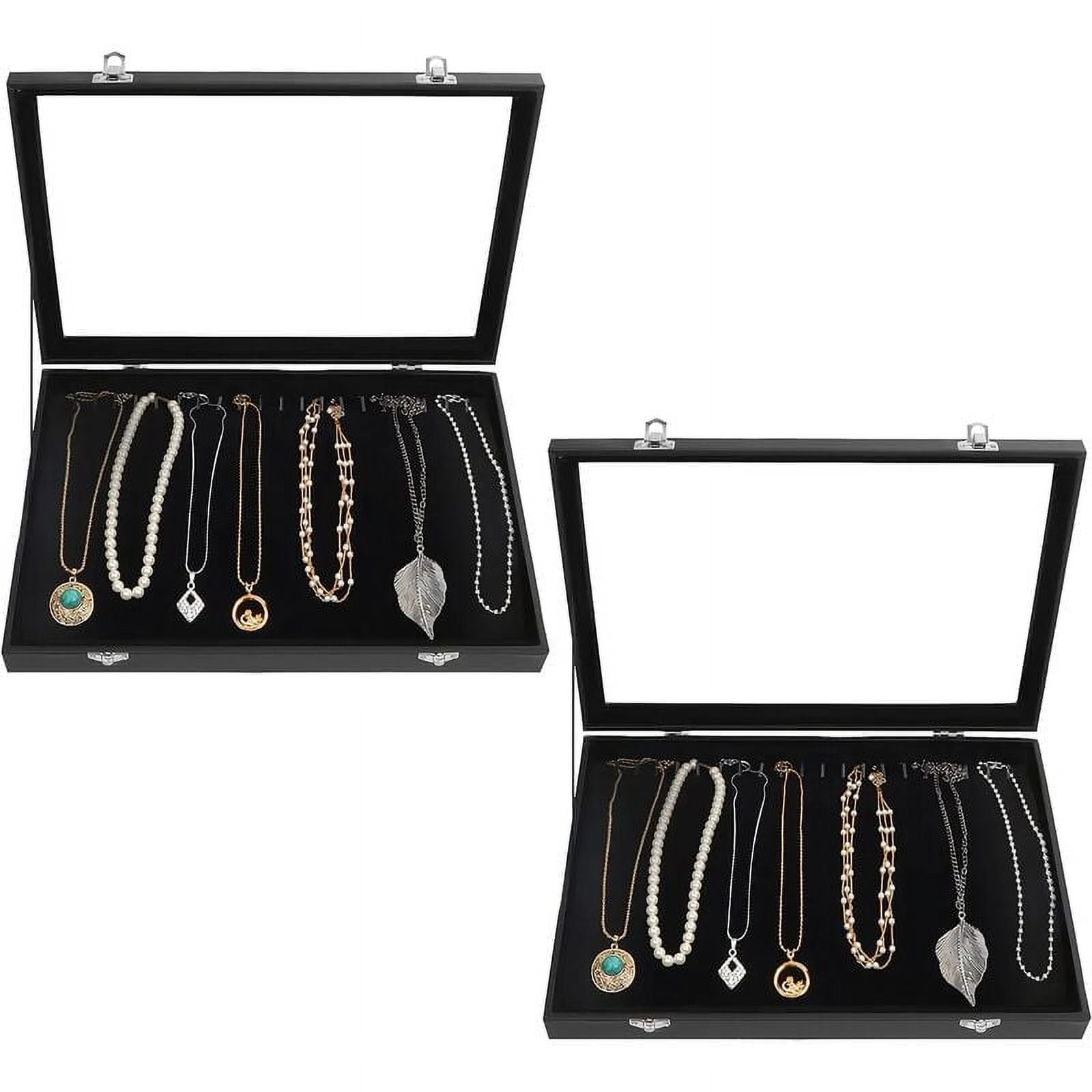 Black Velvet Jewelry Box with Glass Lid and 20 Hooks (Set of 2 ...
