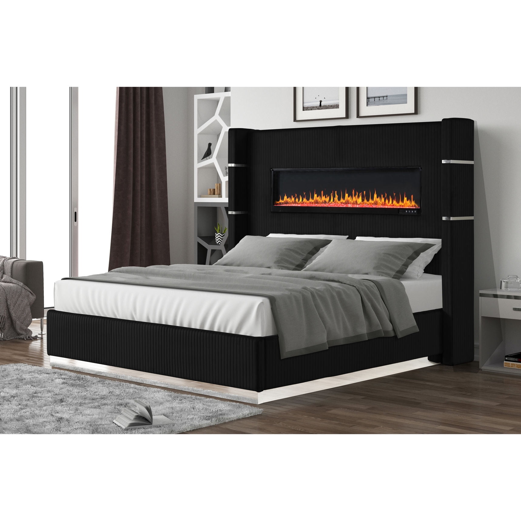 Black Velvet King Bed with Wooden Structure | Comes with USB Ports ...
