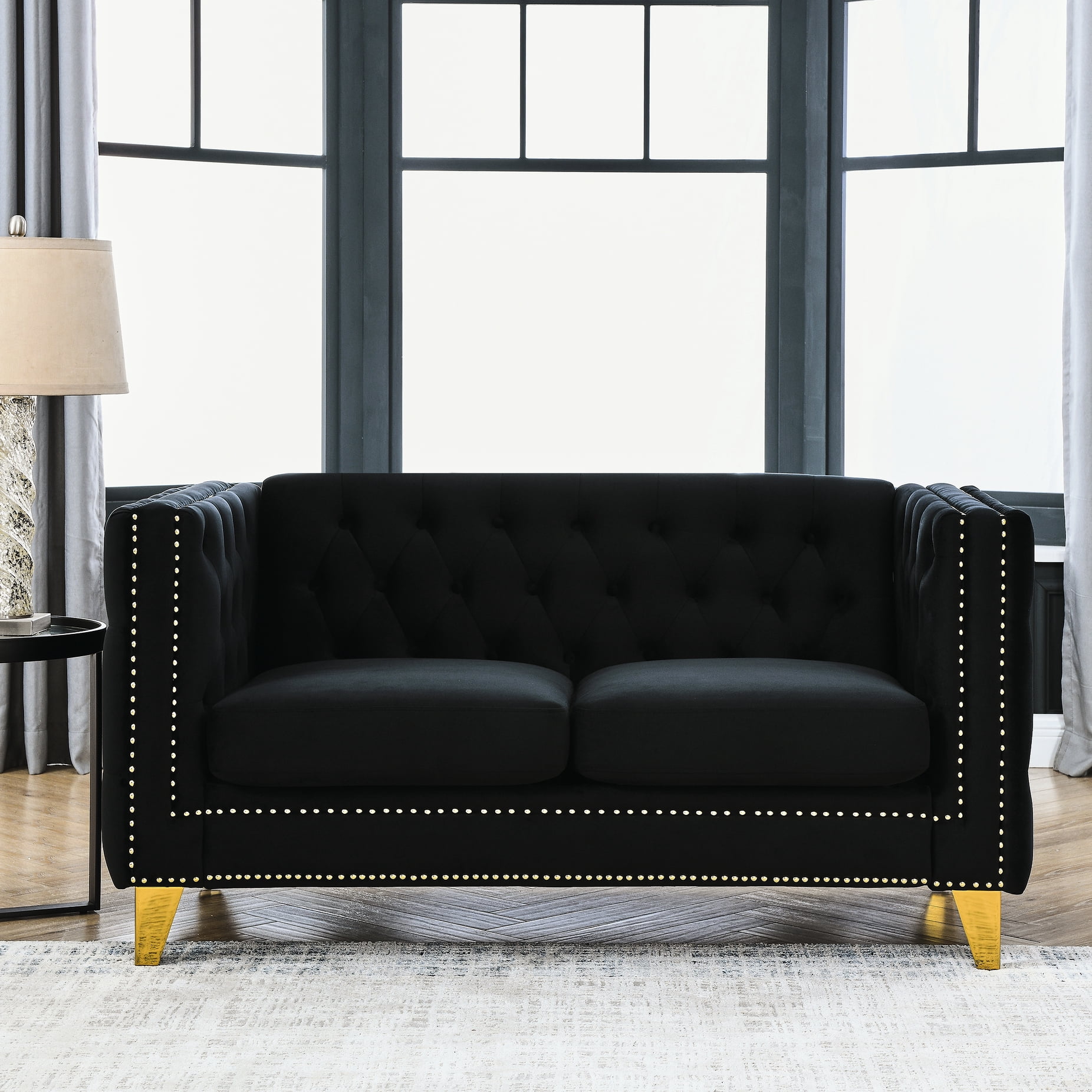 Black Velvet Living Room Couch: Metal Legs, Button , Fashionable Comfy ...