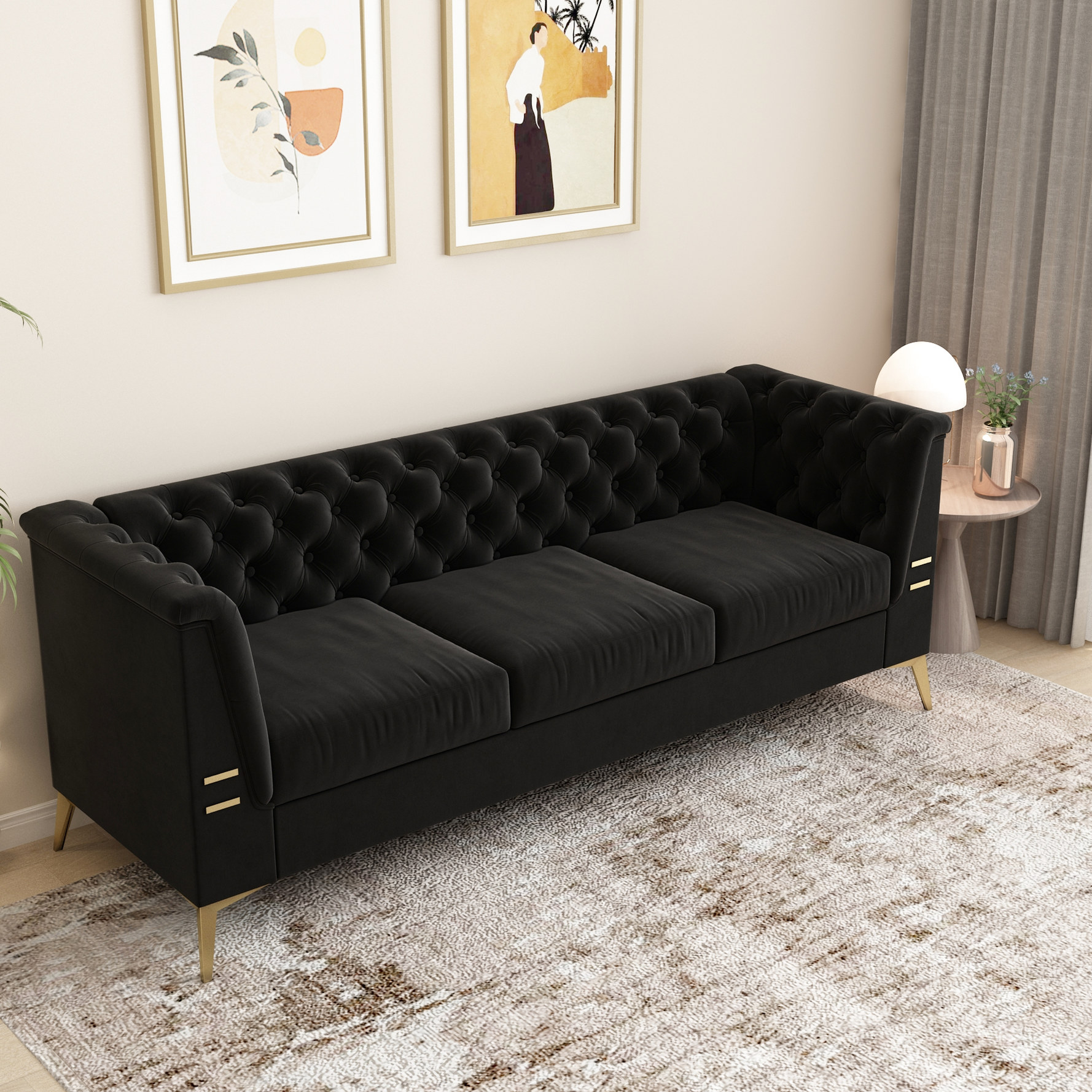 Black Velvet Material - Tufted Upholstery & High Rebound Seat - Living ...