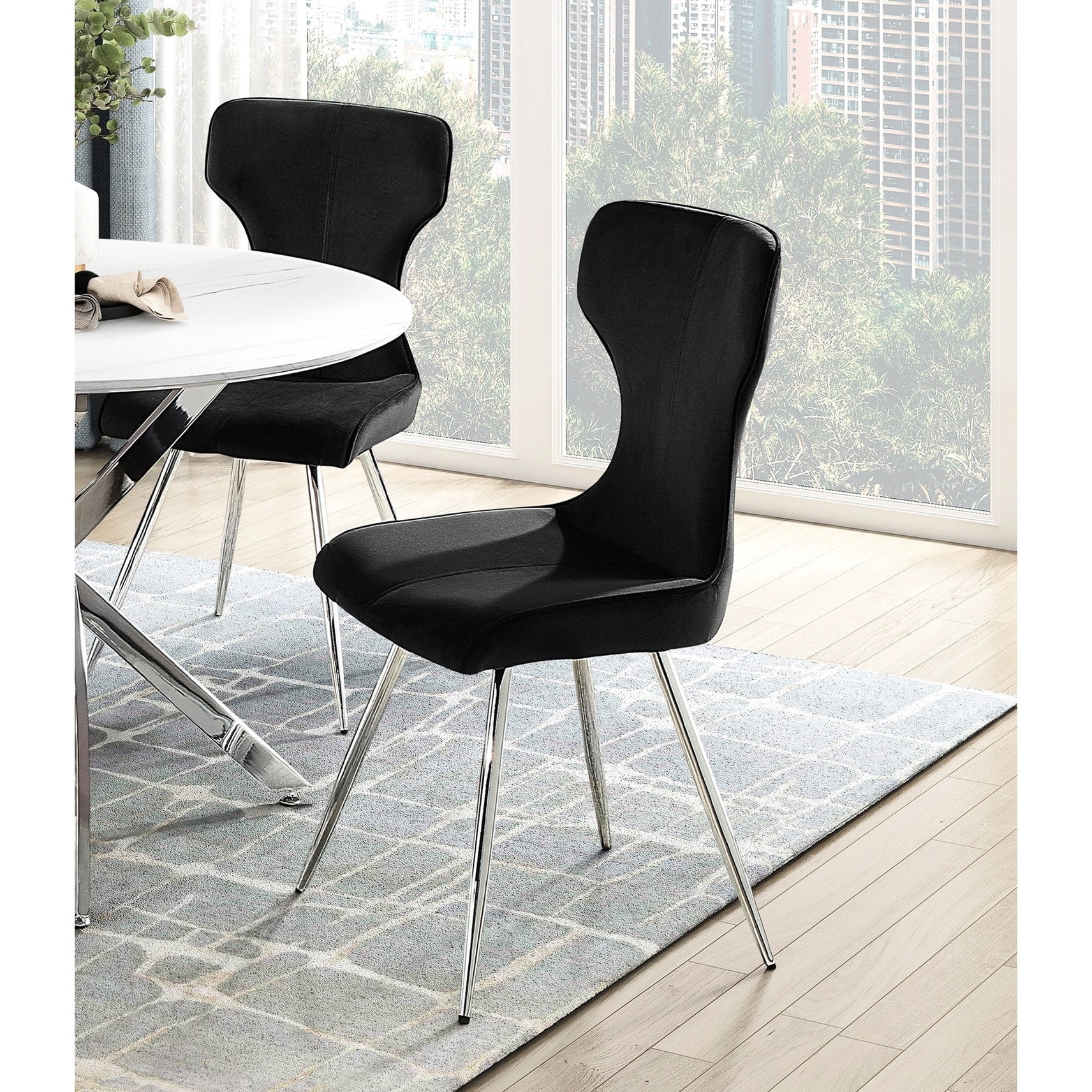Black Velvet Side Chair Set of 2 with Chrome Metal Legs, Ultra-Modern ...